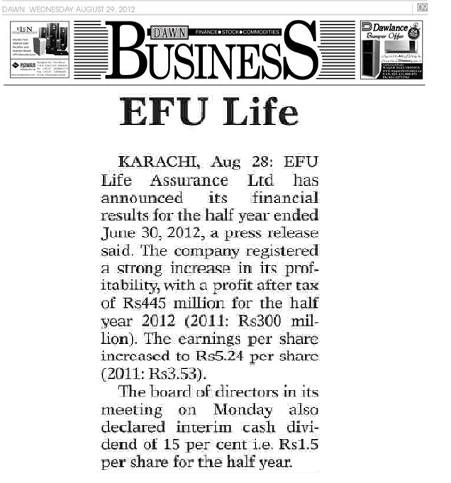 EFU Life declares Half yearly dividends 2012 in Dawn Newspaper | EFU ...