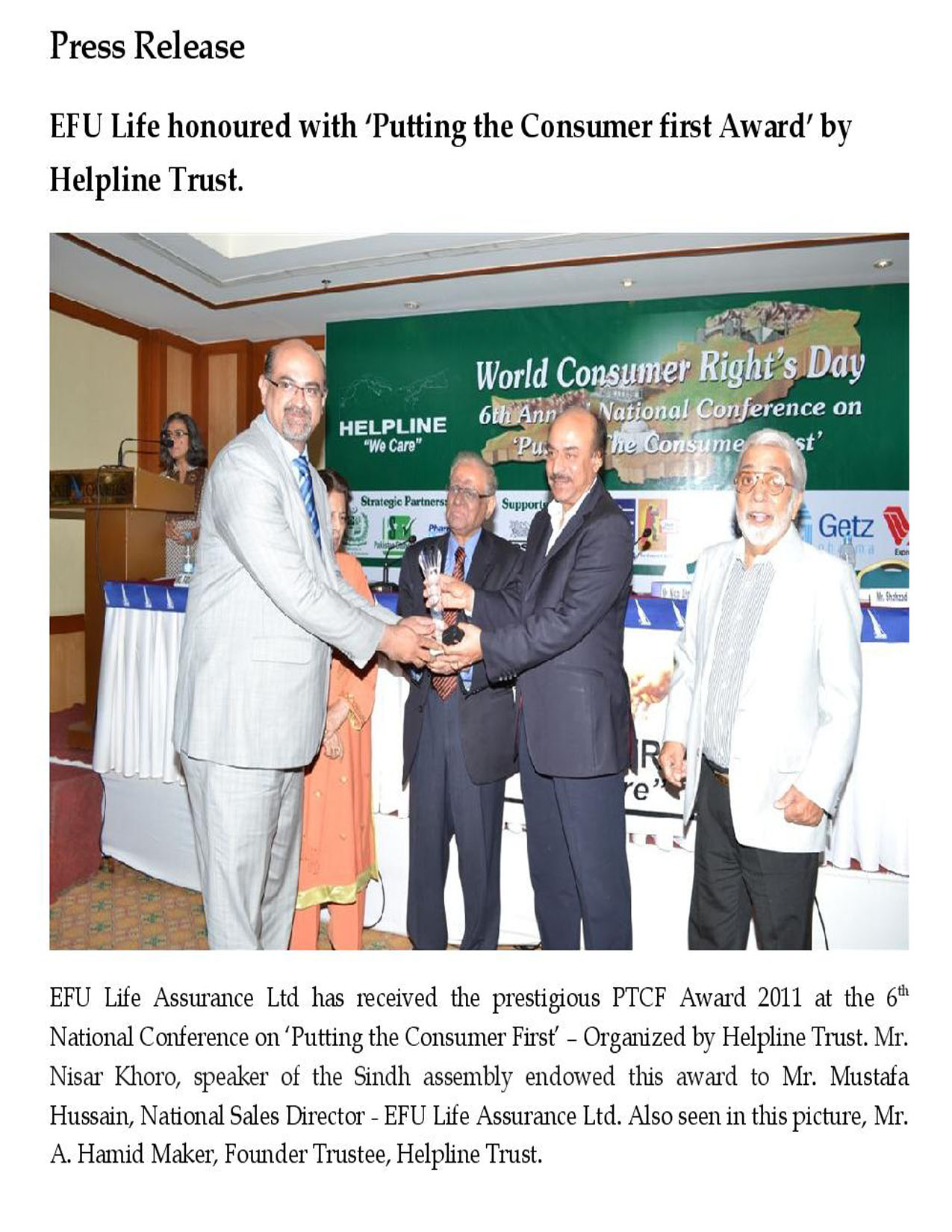 EFU Life honoured with Putiing the consumer first award by Helpline ...